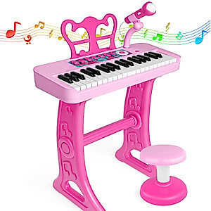 Amy&Benton Birthday Gift for 3 4 5 6 7 Year Old Girls Piano Toy with Stood for Girls 3-5 Pink Music Keyboard Toy 37 Keys with Chair