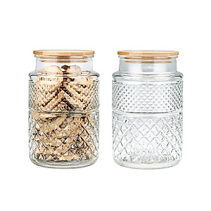 Classy Canisters Set of 2 60 Ounce Round Large Glass Jar with Bamboo Lid - Kitchen Decorative Jars Vintage Diamond Pattern Coffee Pasta Sugar Tea Snack Nuts Cookie Airtight Lids (2 Pack)