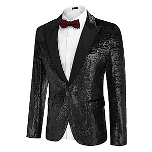 COOFANDY Men's Shiny Velvet Suit Jacket Sequin Tuxedo Blazer for Prom Dinner Party Weddding Black