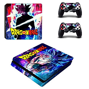 PS4 Slim Skin Sticker for Console and 2 DualShock Controllers Full Wrap Vinyl Decal Protective Cover Faceplate for Son Goku Soku Compatible with Sony PS4 Slim, Blue