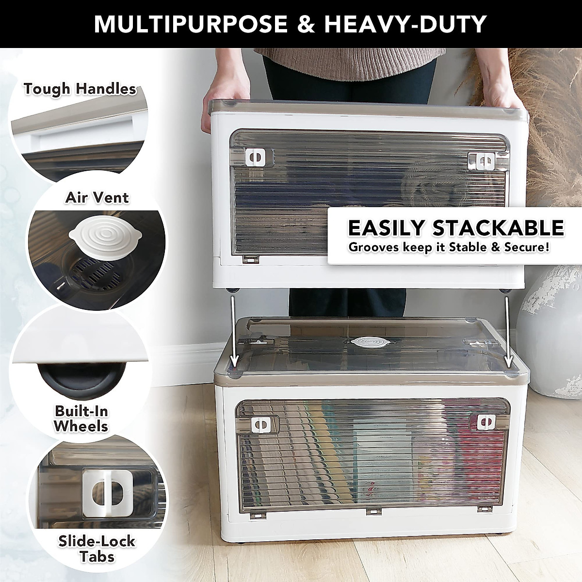 RTF Plastic Foldable Storage Box and Collapsible Storage Bin for Clothes 2 Pack, Blankets, Toys, and Camping Accessories, Heavy-Duty Pop-Up Stackable Organizer, Rolling Wheels, 15 Gallon