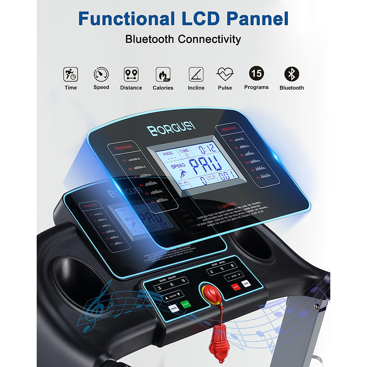 BORGUSI Treadmill with 12% Auto Incline and Bluetooth Speaker - 300 lb Capacity, 3.0HP Folding Electric Treadmill Up to 8.5 MPH Speed, Running Machine with 17.5" Wide Tread Belt for Home Use