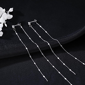 SLUYNZ 925 Sterling Silver CZ Studs 6.3inch Long Chain Earrings Dangle for Women Line Earrings Chain Backs (A-Silver)