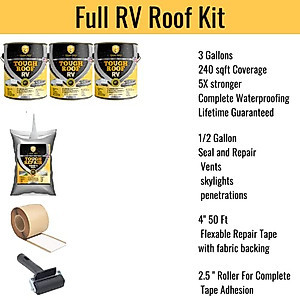 Tough Tech Coatings Tough Roof RV Coating kit - Permanent RV Roof Waterproofing Kit - for RVs, & Trailers Roofs Up to 25 FT Long - No Primer Required - 87% Solar Reflective - 3.5 Gal White