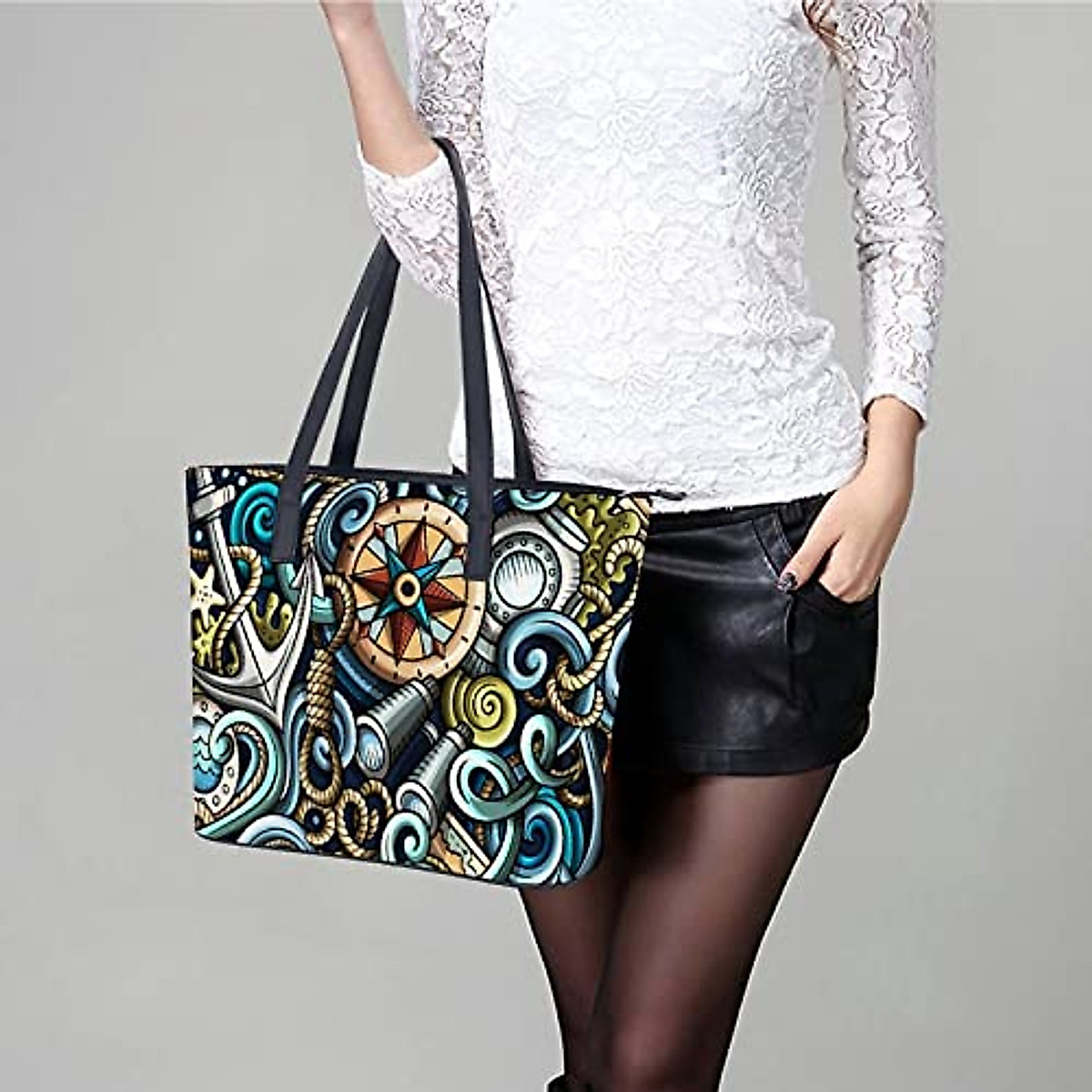 Womens Handbag Doodles Pattern Leather Tote Bag Top Handle Satchel Bags For Lady