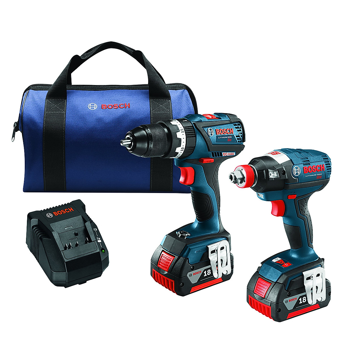 Bosch CLPK251-181 18V 2 Tool Combo Kit with 1/4" and 1/2" Socket Ready Impact Driver and 1/2" Hammer Drill/Driver, Blue