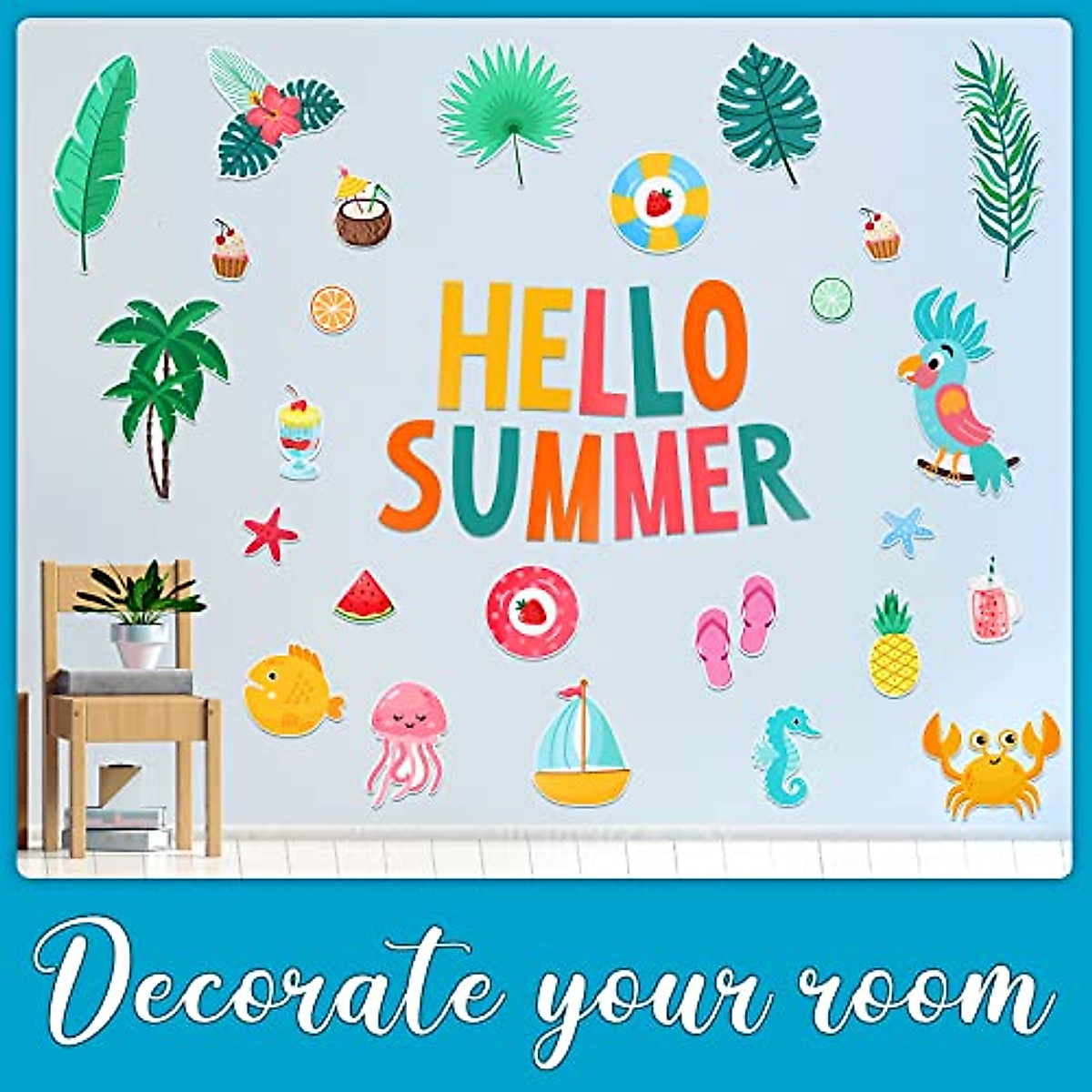 40-Piece Cut-Outs Summer Beach Theme, Summer Beach Sea Creatures Hello Summer Cut-Outs with 80Pcs Glue Point Dots for Classroom Bulletin Board Learning Activities Tropical Luau Hawaiian Decorations