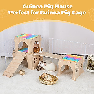 Guinea Pig Hideout, Guinea Pig House with Stairs and Mats Extra Large Guinea Pig Castle Detachable Hideouts for Small Animals Wooden Guinea Pig Habitats with Multiple Doors and Windows