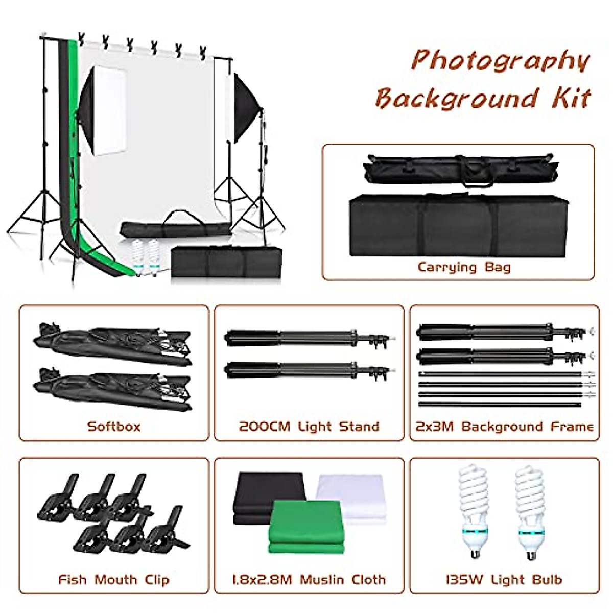 Walk Fly 7x10FT Muslin Backdrop Screen Kit, Photography Continuous Lighting and Collapsible Backdrop Stand Set, Background Support System with 20" x 27" Softbox Light for Photo Video Studio Shooting