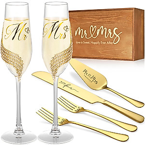 VARLKA Wedding Cake Knife and Server Set, Gold Mr and Mrs Champagne Flutes and Cake Cutting Set for Wedding Bridal Shower Gifts (Gold)