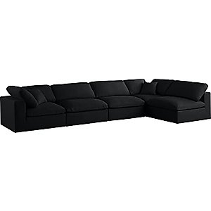 Meridian Furniture Plush Collection Contemporary Down Filled Cloud-Like Comfort Overstuffed Velvet Upholstered Modular L-Shaped Sectional, 5-Seater, Semi-Armless, Black