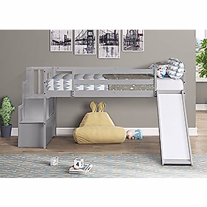 ODC Low Loft Bed with Slide and Storage Shelves, Solid Wood Twin Size Loft Bed Frame with Storage Stairs, Safety Guardrails for Toddlers, Kids Teens, No Box Spring Needed