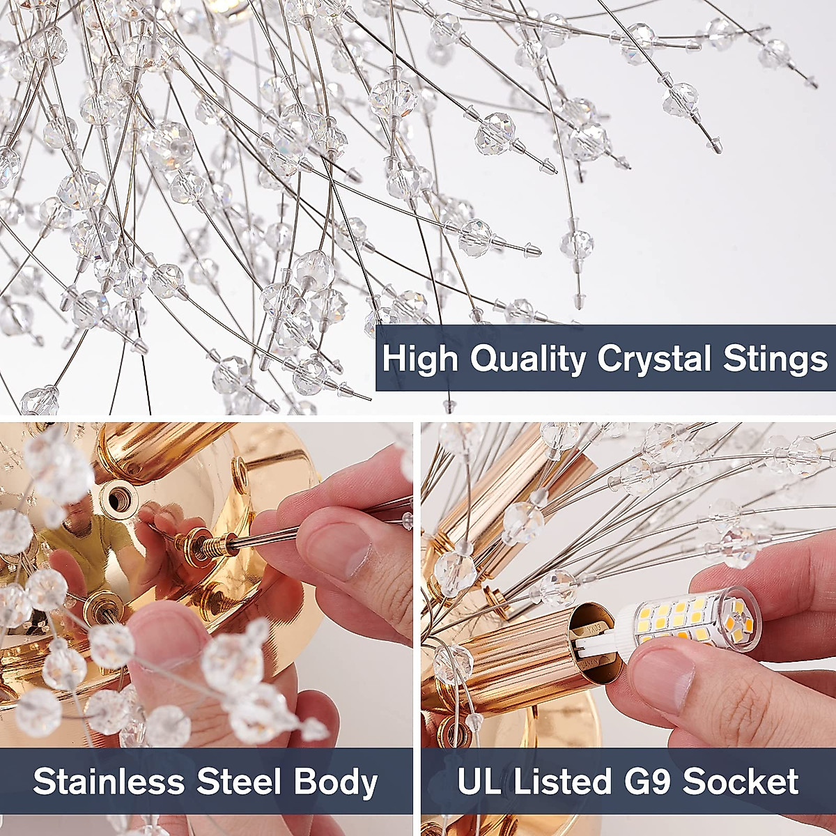 6-Light Sputnik Flush Mount Ceiling Light Fixture, Modern Gold Crystal Firework Ceiling Lights, Close to Ceiling Lamp for Bedroom Kitchen Hallway Entryway Bathroom