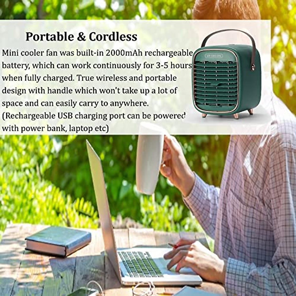 Tenbroman Portable Air Conditioner Fan, Retro Rechargeable Mini Air Cooler Battery Powered Desk Fan with Handle, Desk Misting Fan with 3 Speeds for Sports Office and Outdoor, 1 Pcs (Green)