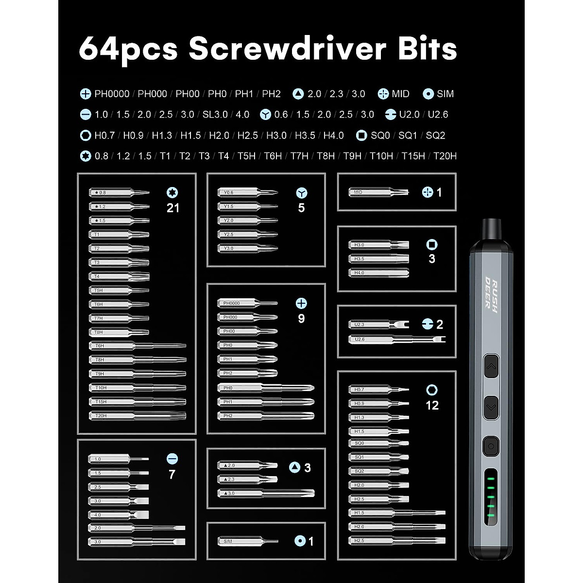 Rush Deer 70-in-1 Electric Screwdriver Set - Rechargeable Mini Precision Power Screwdriver with 64 Magnetic Bits, 5 Torque Settings, For Phone, Laptop, Camera - Cordless and Portable