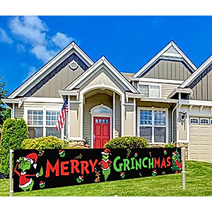 Huras Large Merry Grinchmas Sign Banner Grinch Theme Christmas Banner Christmas Party Supplies Decorations Black Xmas Holiday New Year Party Supplies Christmas Yard Sign Banner - 9.8 X 1.6 FT