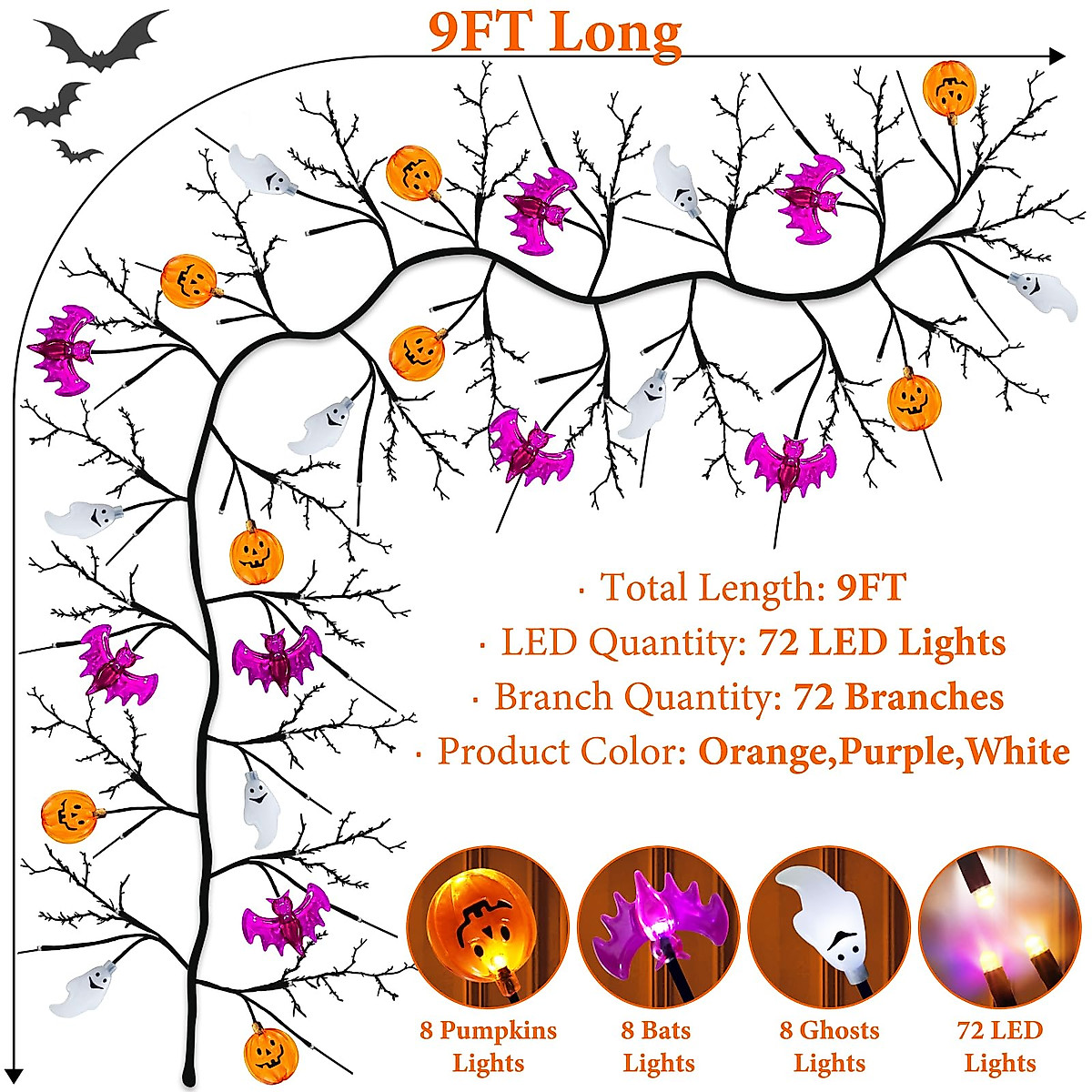 9FT 72 LED Halloween Decorations Willow Vine Twig Garland with 8 Modes Orange Purple White Lights & Timer & 8 Pumpkin Bat Ghost,Battery Operated Halloween Garland for Mantel Table Indoor Home Decor