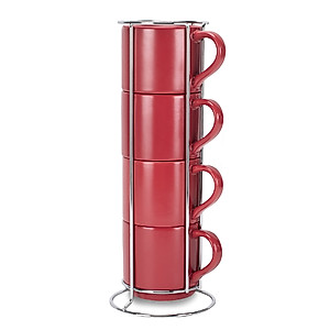 Nat & Jules Stacking Red 14 ounce Ceramic Stoneware Mugs With Stand Set of 4