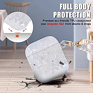 Glitter Shell Design Case for AirPods 1/2 with Pearl Wrist Chain Keychain,Colorful Sparkle Bling Pretty Cute Protective Skin Cover for Airpods 2nd Generation TPU Shock Proof for Women Girls -White