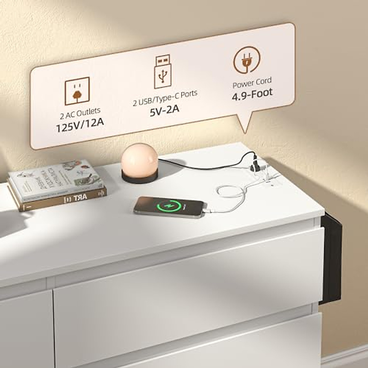 NUNU LAB Dresser for Bedroom Wooden with 6 Drawers, Chest of Drawers with Metal Rails for Bedroom, Living Room, Storage Cabinet, Closet, Hallway High Dresser, White