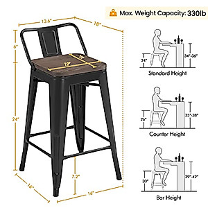 Topeakmart Count Height Bar Stool 4PCS Metal Stools with Low Back & Wood Top for Outdoor & Indoor Barstools Home Stools Black 24 inch