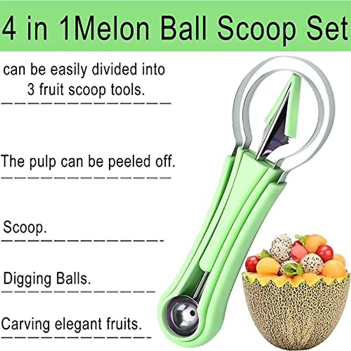 JTDEAL Melon Ball Scoop Set, Multifunctional 4 in 1 Stainless Steel Fruit Carving Tool Knife Set, Fruit Platter Carving Fruit Plate Small Tool, Cantaloupe Watermelon Ball Scoop (Green)