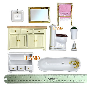 iLAND Dollhouse Furniture and Accessories 1/12 Scale of Dollhouse Bathroom Set incl Ceramic Dollhouse Toilet & Bathtub & Wooden Bathroom Vanity with Sink (Luxury 9pcs)