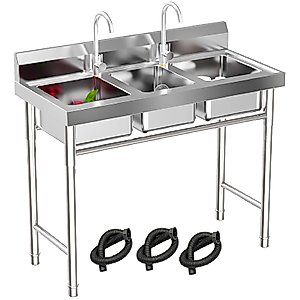3 Compartment Sink Commercial Kitchen Sink with 2 Hot & Cold Faucet Stainless Steel Outdoor Sink Freestanding Utility Sink for Restaurant Laundry Each Sink 11"L x 9"W x 7"H