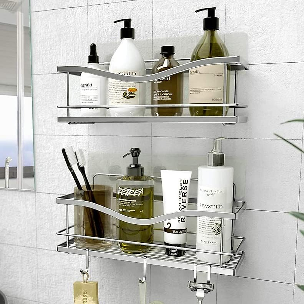 KINCMAX Shower Shelves 2-Pack - Self Adhesive Caddy with 4 Hooks - No Drill Large Capacity Stainless Steel Wall Shelf - Aesthetic Organizer for Inside Bathroom - Polished Silver