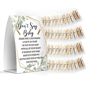 Don't Say Baby Set - One 5x7 Sign and 50 Mini Clothespins, Baby Shower Games, Baby Shower Decoration, Gender Neutral Baby Shower - MsJb010
