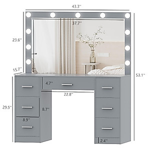 Irontar Vanity Table, Makeup Table with Lighted Mirror, 3 Color Lighting Modes, Brightness Adjustable, Dressing Table with Drawers, Vanity Desk for Women, Gray