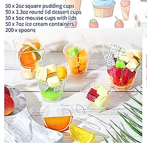 Weewooday 200 Pcs Clear Plastic Dessert Cups with Lids and Spoons Parfait Cups with Lids Dessert Cups with Lids Disposable Dessert Containers for Ice Cream Appetizer Pudding, 2 oz, 3.3 oz, 5 oz, 7oz