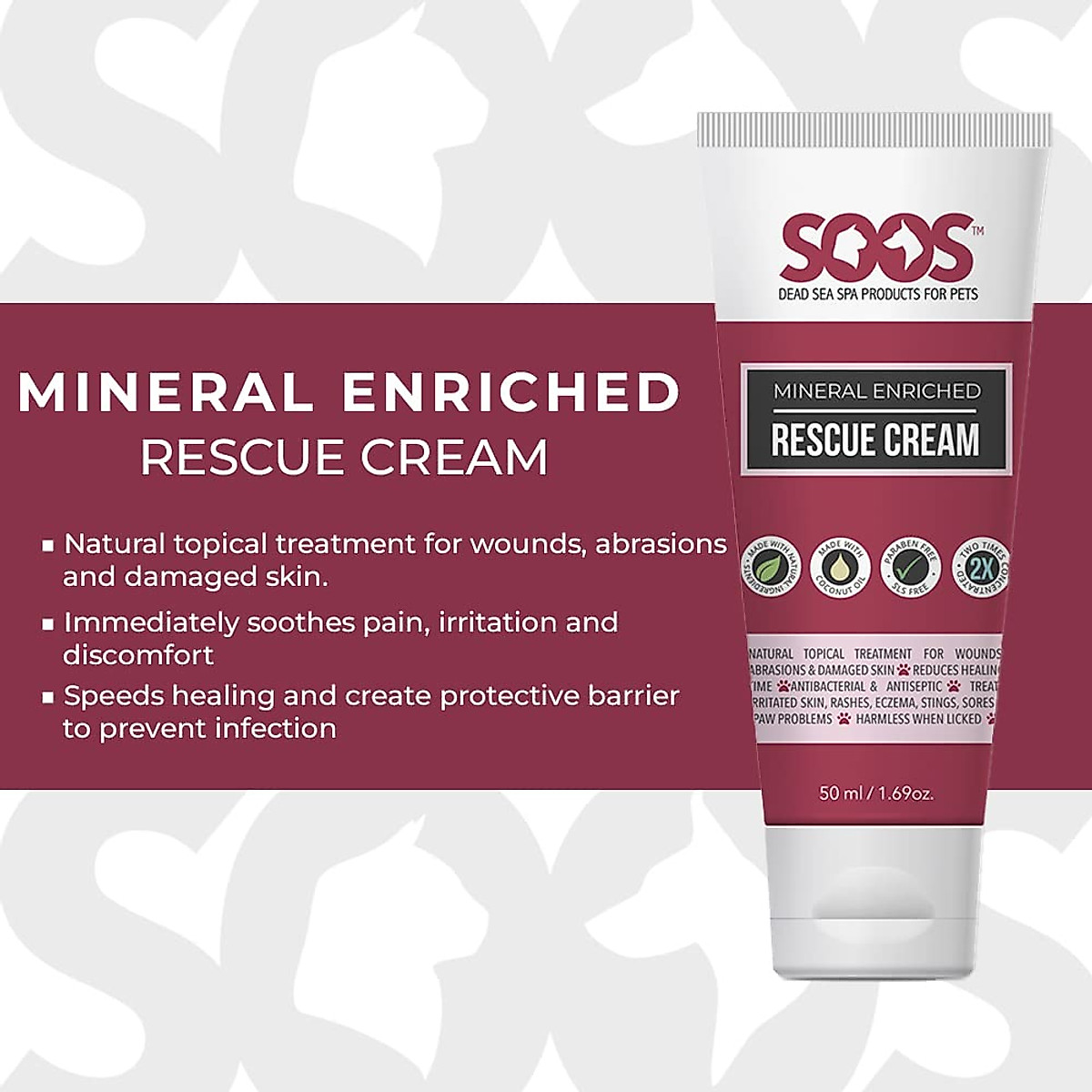 Soos Pet Rescue Cream Natural Dead Sea Minerals Fast Absorbing Reduce Pain Treatment of Injuries Cuts Rashes Sores Wounds Damaged Skin for Dog and Cat - 1x Pets Rescue Cream (50ml)