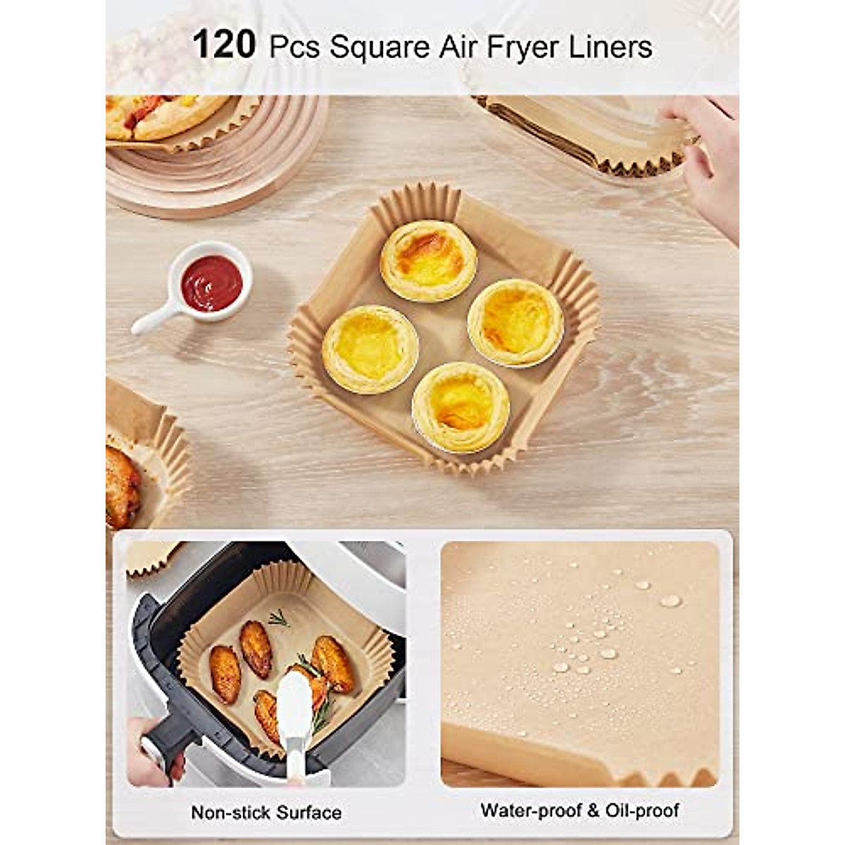 SMARTAKE Air Fryer Liners, 120 PCS Air Fryer Disposable Paper Liner, 6.1" Square Airfryer Basket Parchment Paper Liners, Non-Stick Oil-Proof for Frying Baking Roasting Oven, Fit 2-3 QT, Unbleached