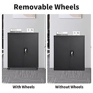 GREATMEET Metal Storage Cabinet with Locking Doors and Adjustable Shelves,31.5" H Steel Storage Cabinet with Wheels for Office,Home,Garage,Classroom Black