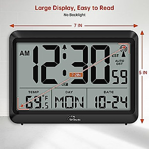 WallarGe Atomic Clock Battery Operated - Large Display Digital Alarm Clock with Seconds and Indoor Temeperature, 4 Time Zones, DST