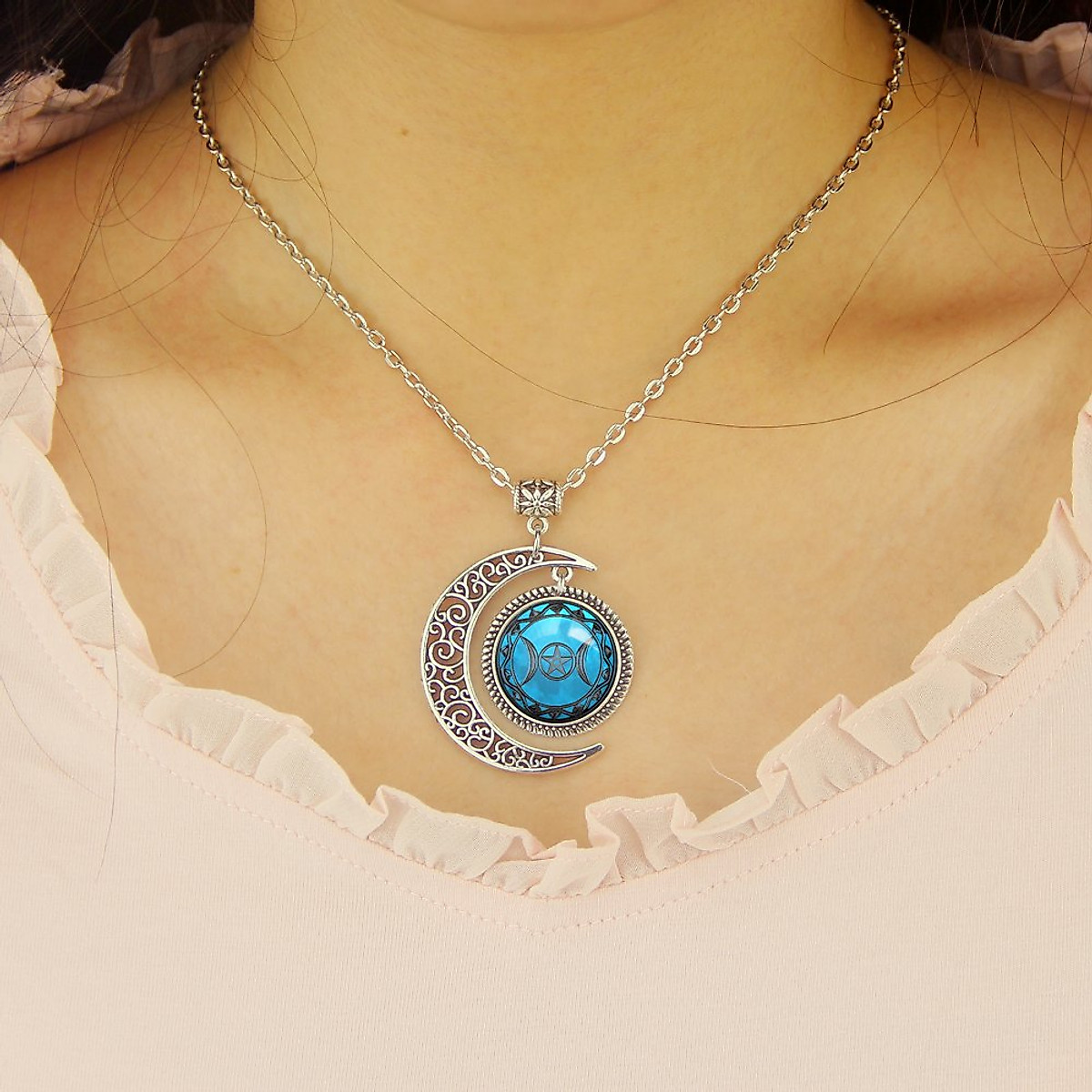 Beautiful Season DIY Blue Triple Goddess necklace Pendant Wiccan Pentagram Jewelry Moon gift Girls for woman girlfriend bridesmaid wedding
