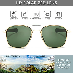 SUNGAIT Men's Military Style Polarized Pilot Aviator Sunglasses - Bayonet Temples (Gold Frame/Green Lens, 55) A285JKLV