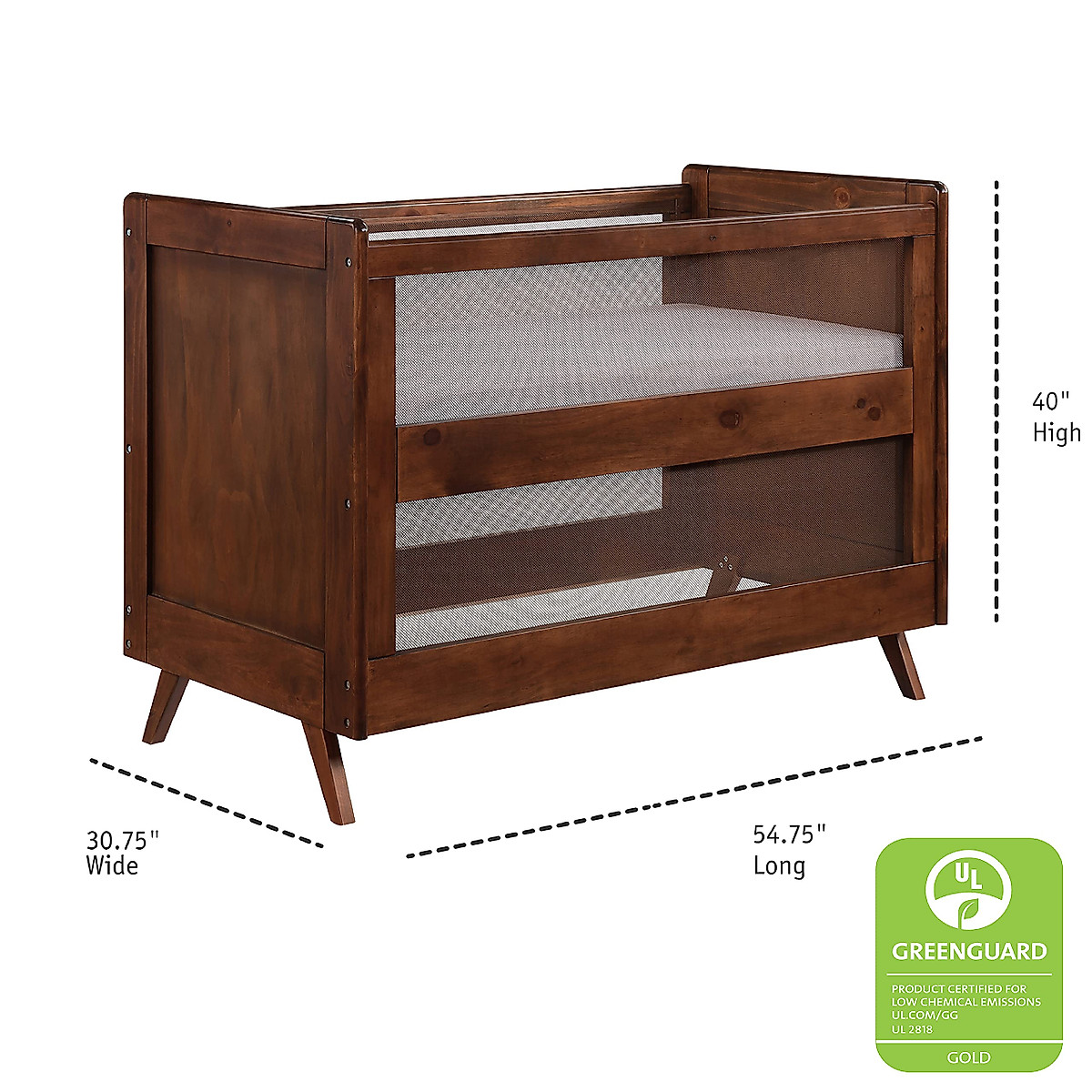 BreathableBaby Breathable Mesh 3-in-1 Convertible Crib (Toddler Bed Kit Sold Separately) — Walnut — Two Adjustable Mattress Heights — Greenguard Gold Certified