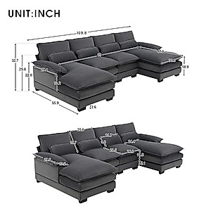 YUNLife&Home U-Shaped Modular Sectional Sofa with Double Chaise Lounge and Waist Pillows,6-Seat Oversized Symmetrical Couch,Comfy Chenille Upholstery Deap Seat Corner Sofá Convertible Sleeper Couches