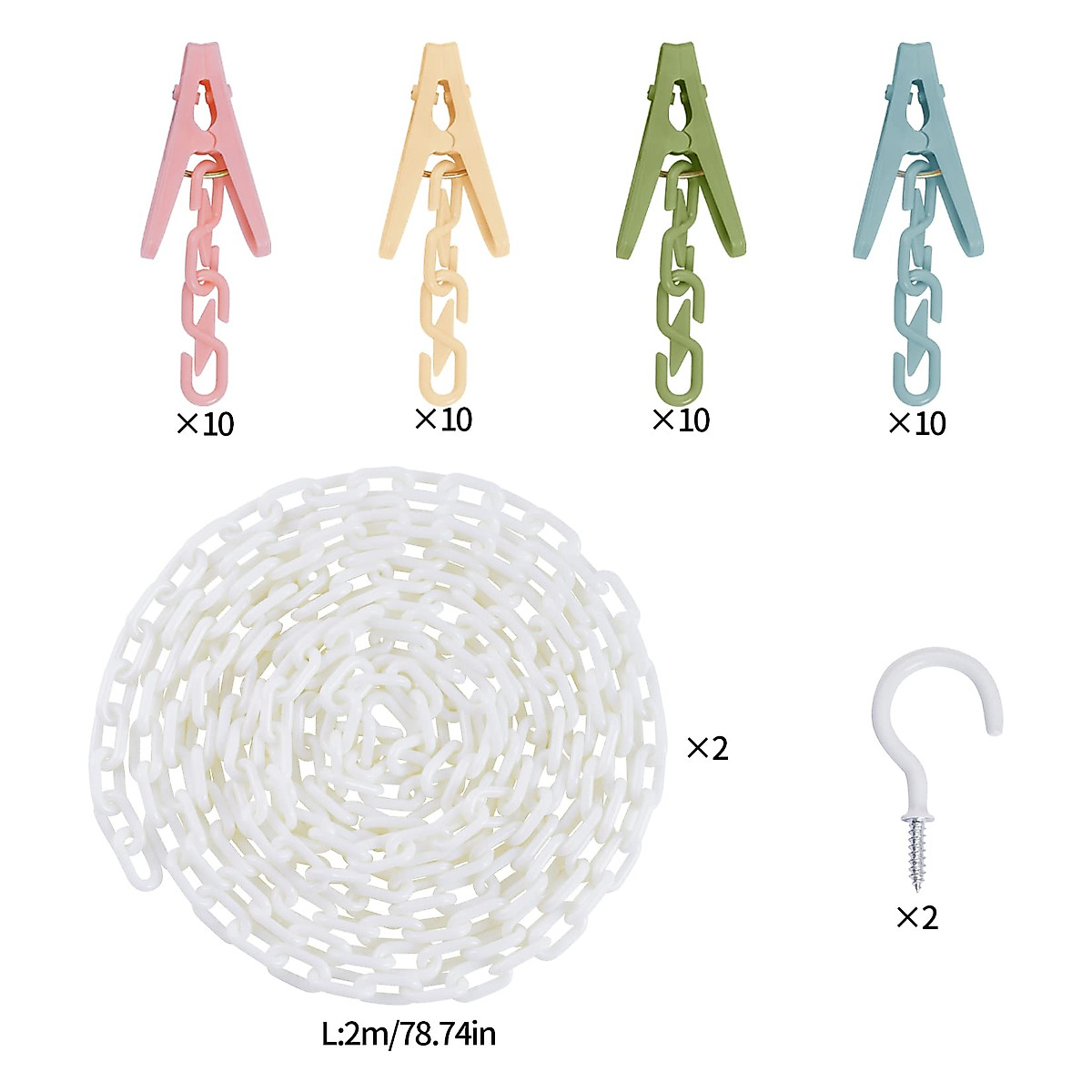 2 Pieces Plastic Toy Chain Organizer Animal Storage Chain with 40 Pieces Plastic Clips, 2 Pieces Ceiling Hook for Hanging Plush Toys Hats Socks and Cards