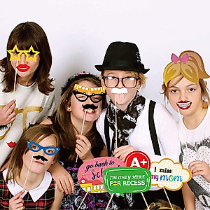 Konsait 46Count Back to School Photo Booth Props, First Day of School Welcome Decorations,Apple Pencil Stationery Chalkboard Decor for New Grade Celebrating Classroom Kindergarten Party Supplies