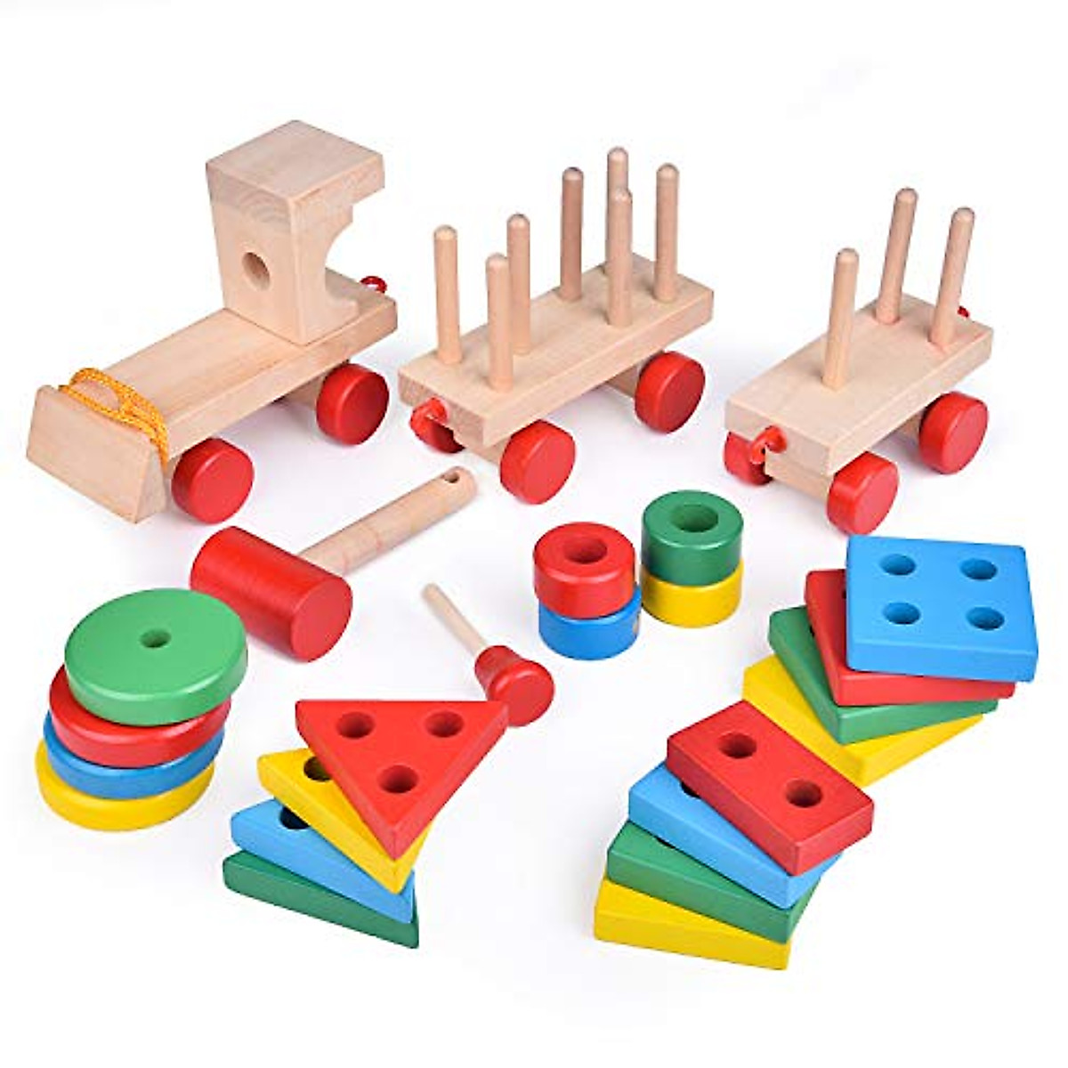 FUN LITTLE TOYS Stacking Train, Shape Sorter Wooden Toys(23 pcs), Sorting & Stacking Toys for Toddler 2-3, Montessori Toys for 1 2 3 Year Old Boy Girl Gifts, Kids Wooden Train Toy