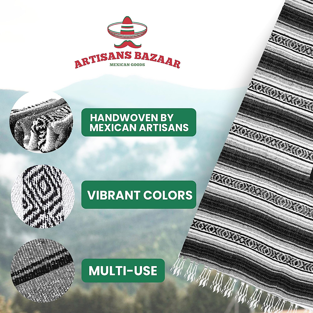 Artisans Bazaar Traditional Mexican Baja Poncho Men and Women Authentic Gaban Serape Sarape Blanket Pancho Jorongo Cowboy