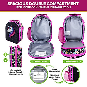 Decorably Insulated Hard Top Sequined Glittery Unicorn Girls Lunch Boxes for School, Easy-to-Clean Kids Lunch Bag with 2 Main Compartments and Water Bottle Holder