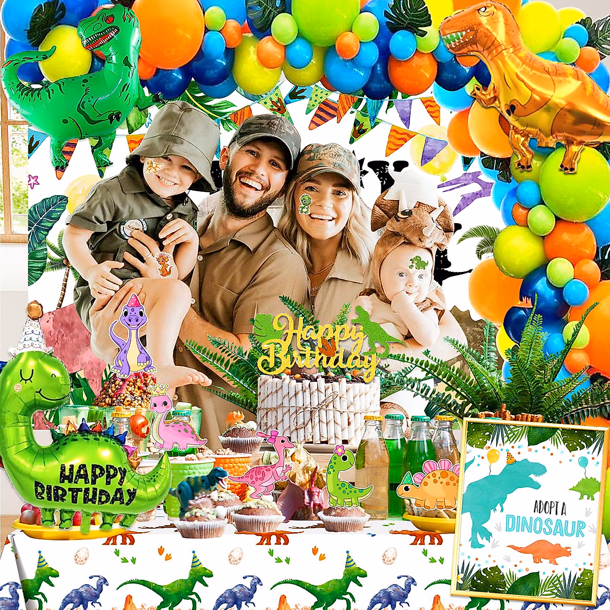 115pcs Dinosaur Birthday Party Decorations Supplies Boy, Dinosaur Cake Topper,Dinosaur Balloons Kit,Dinosaur Cupcake Toppers Backdrop for Dinosaur Party Decorations Favors, Dino Themed Birthday Party
