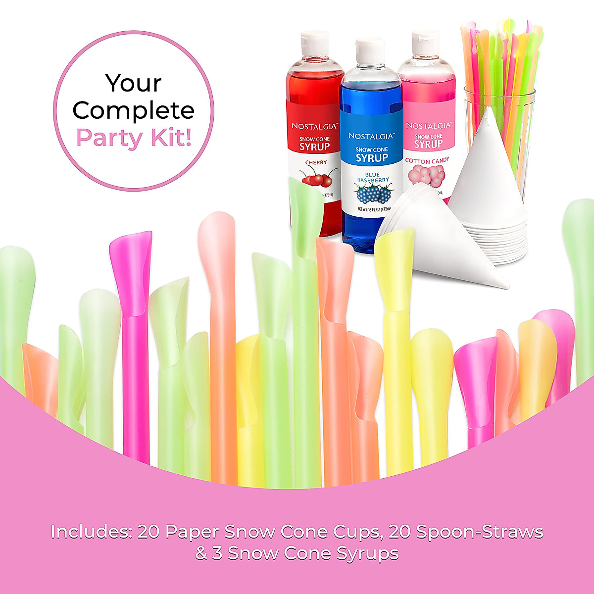 Nostalgia Premium Snow Cone Party Kit, 3 Syrups, Blue Raspberry, Cherry, Cotton Candy, 20 Cups & Spoon Straws