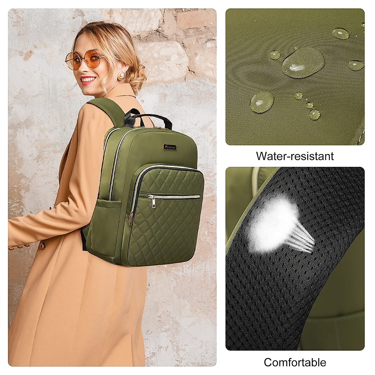 Modoker 15.6 Inch Laptop Backpack for Women, Quilted Work Backpack for Women Bookbag Teacher Backpack, Travel Backpack with USB Charging Port, Backpack Purse for Women Nurse, Green