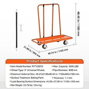VEVOR Drywall Cart, 3000 LBS Panel Dolly Cart with 45.28" x 21.8" Deck and 5" Swivel Wheels, Heavy-Duty Drywall Sheet Cart, Handling Wall Panel, Sheetrock, Lumber, for Garage, Home, Warehouse