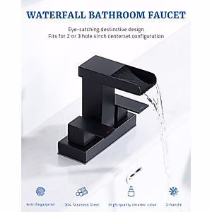 PerPaiMe Waterfall Bathroom Sink Faucet - 4 Inch Centerset Bathroom Faucet Two Handles, Matte Black Bathroom Sink Faucets for 2 or 3 Hole, Stainless Steel Vanity Faucet with Pop-Up Drain & Supply Line